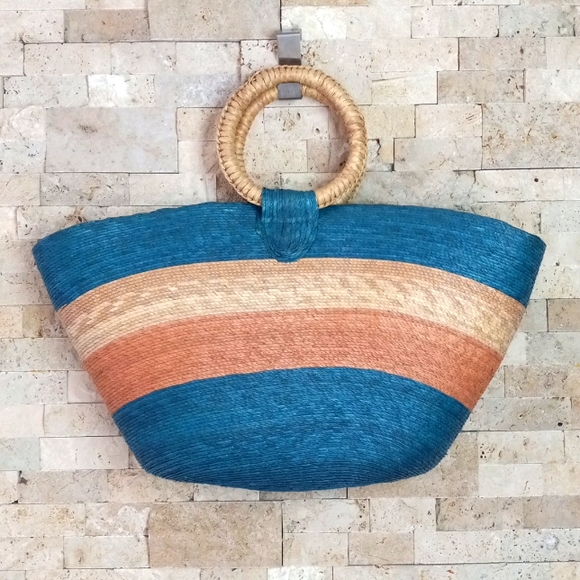 Hand Crafted | Bags | Beach Straw Large Tote Bag Mexican Handbag Blue ...